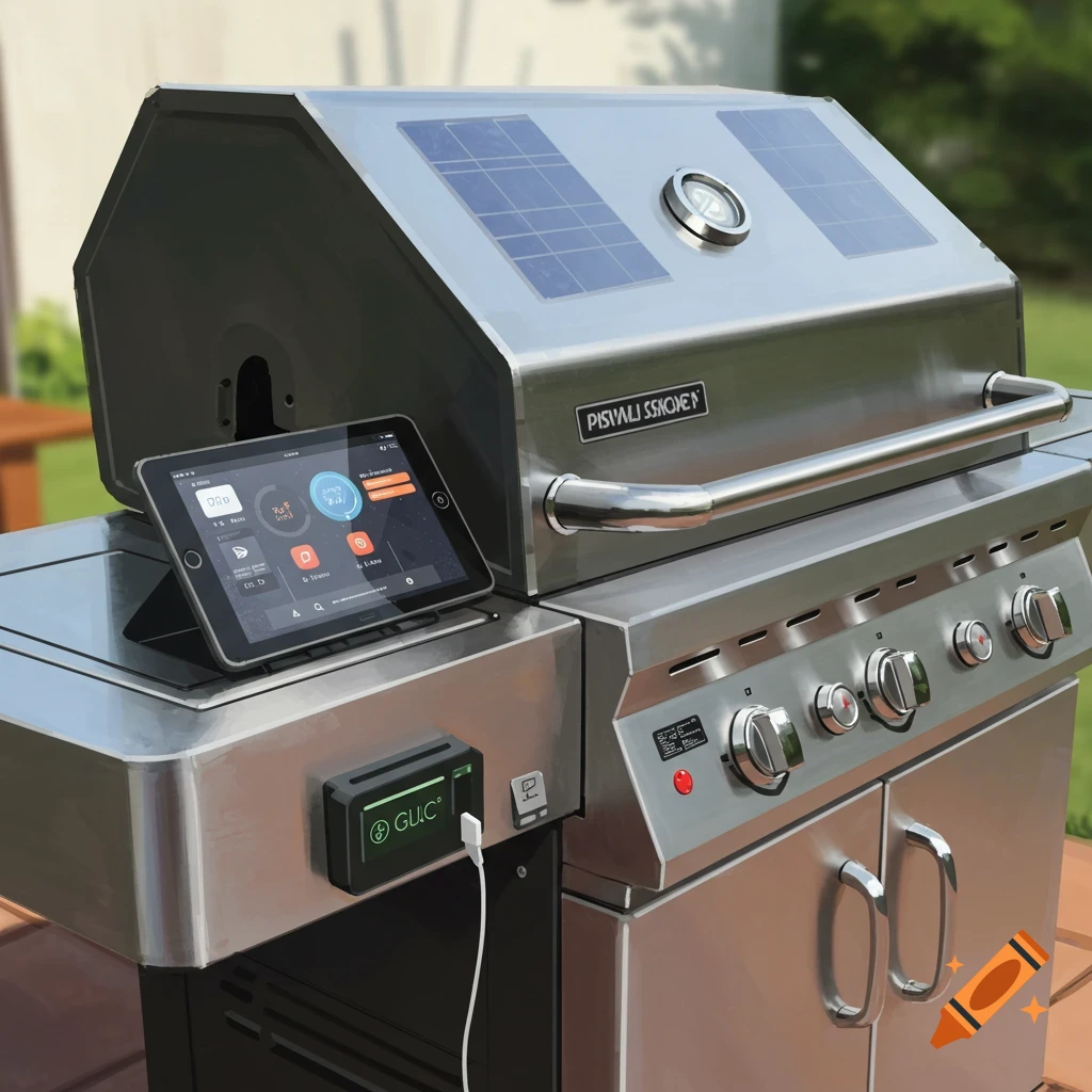 A shiny stainless steel grill with solar panels on the lid, a tablet ...