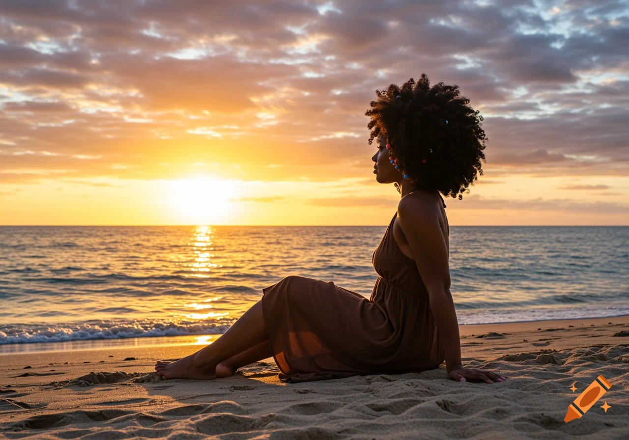 Black woman with afro sitting on beach watching sunset, photorealistic ...
