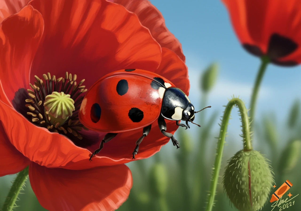 A close-up of a ladybug on a red poppy flower. on Craiyon