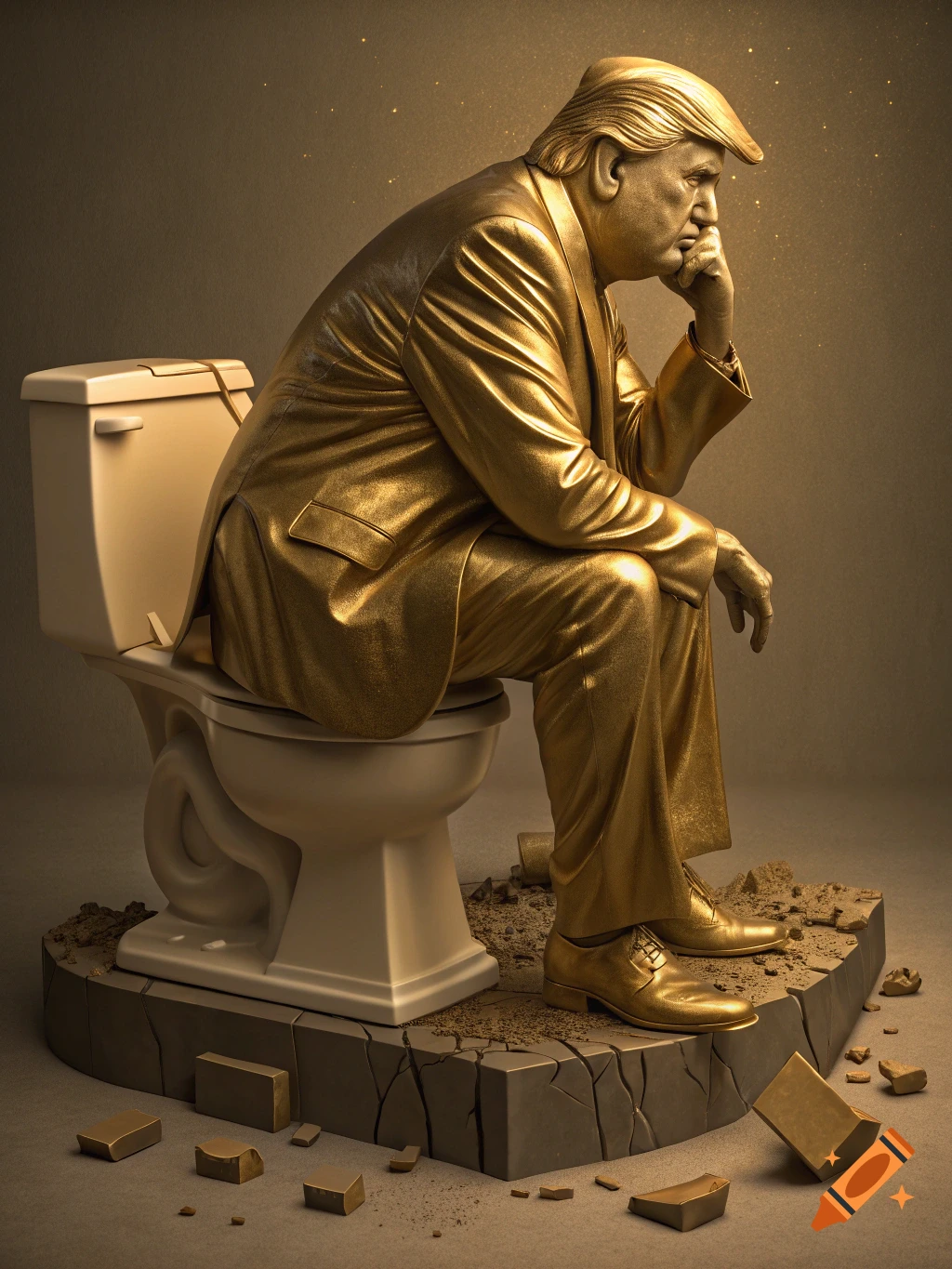 Golden statue of Donald Trump sitting on a toilet on a broken base on ...