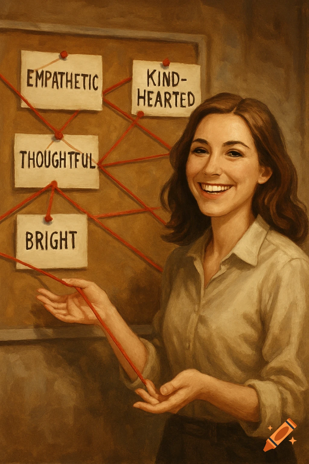 Smiling woman gestures at a corkboard with red string connecting words ...