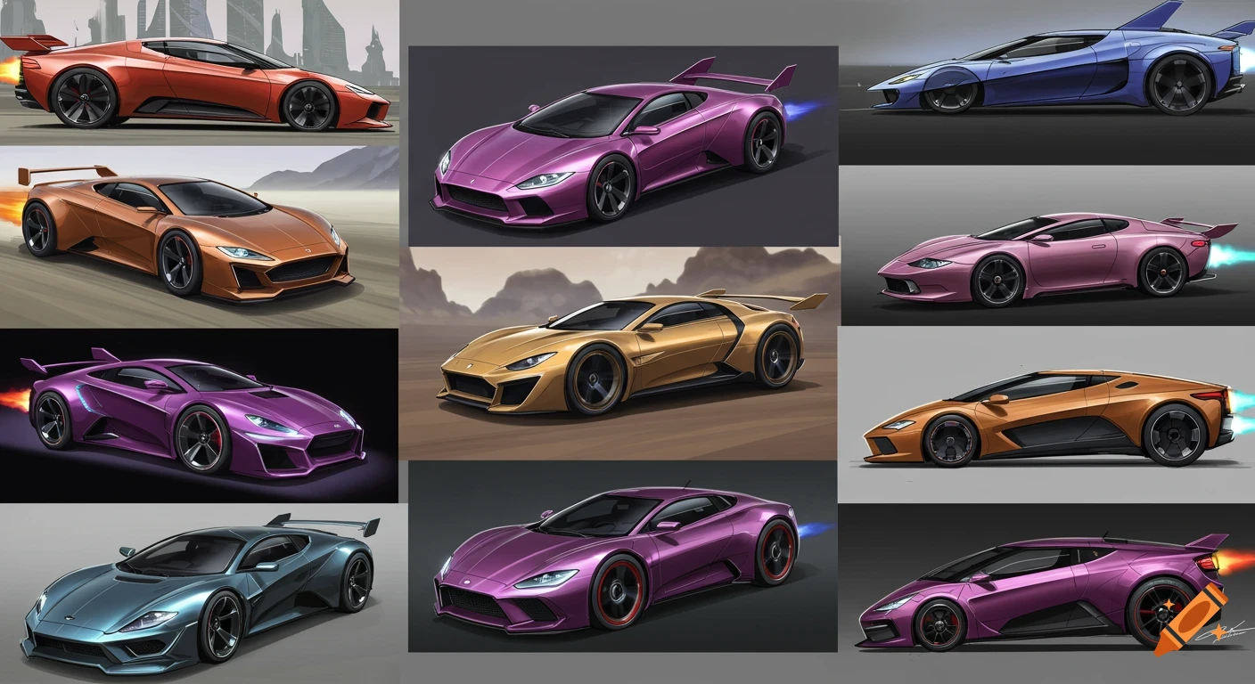 A grid displaying nine futuristic concept car designs in various colors ...