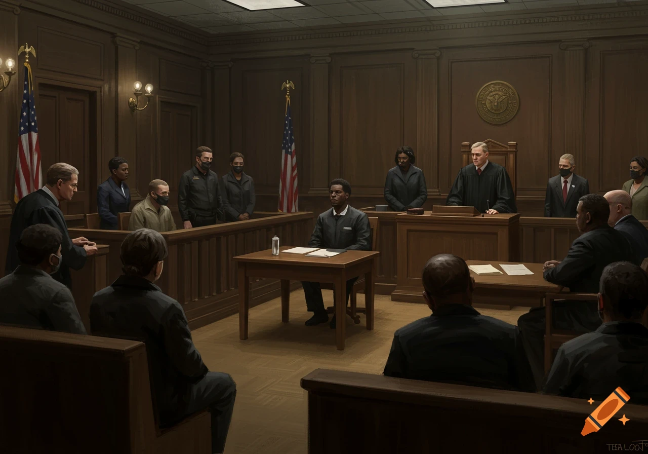 Illustration of a courtroom scene with diverse people, including a ...