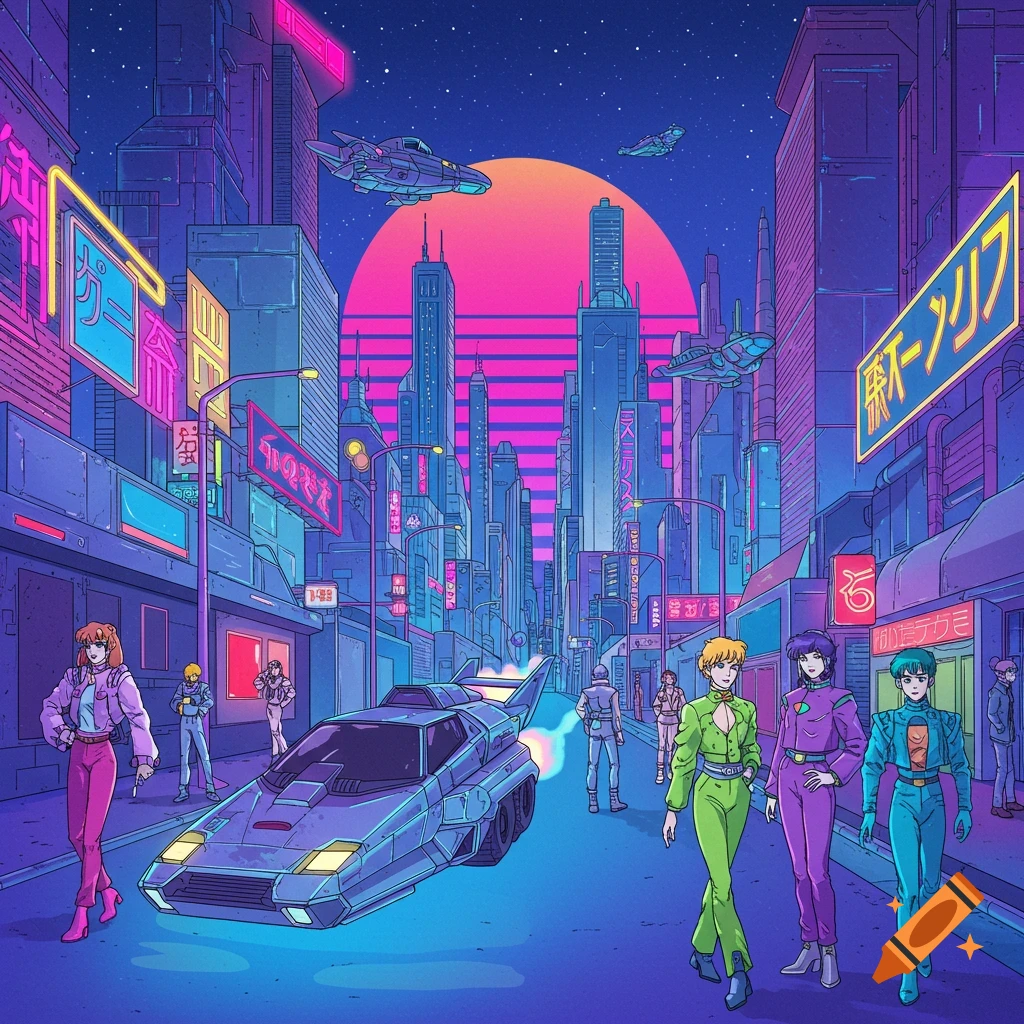 90s anime style retro futuristic cityscape with neon signs, flying ...