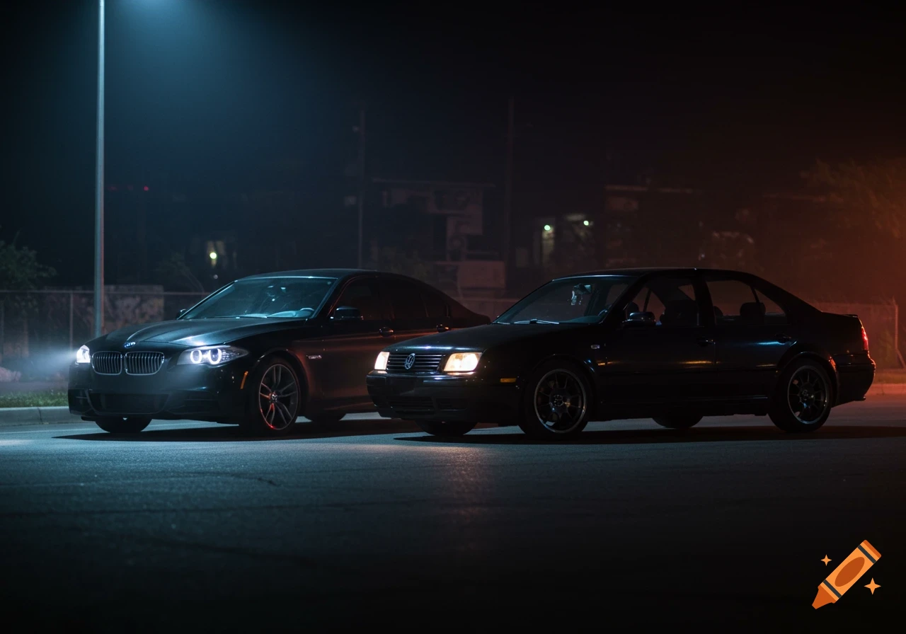 Two dark cars, a BMW and a VW Jetta, parked on a street at night under ...