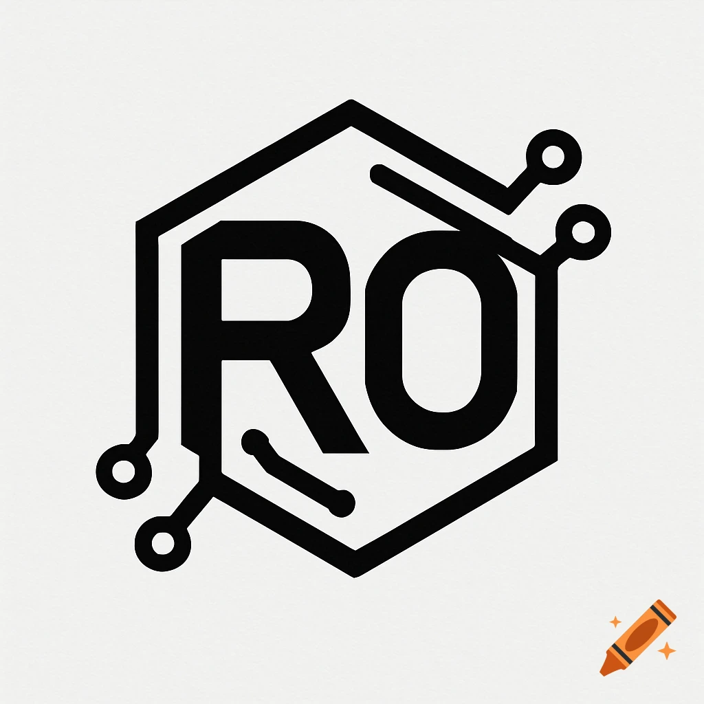 Black and white logo with letters RO inside a hexagon and circuit board ...