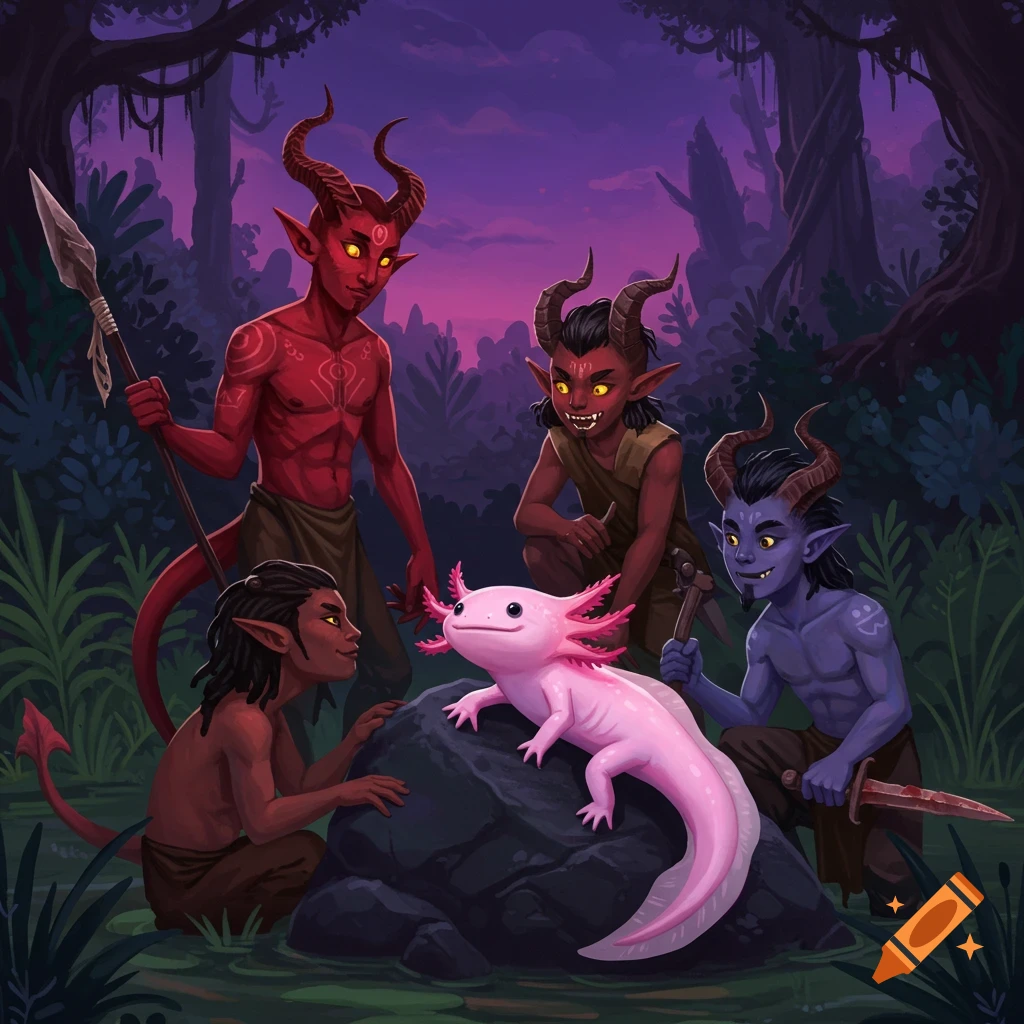 Illustration of small demon figures gathered around a pink axolotl on a ...