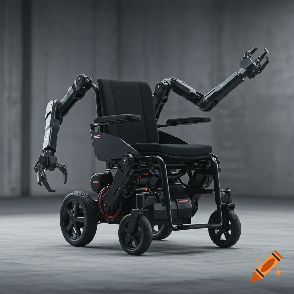 A black futuristic wheelchair with articulated robotic arms in a studio ...