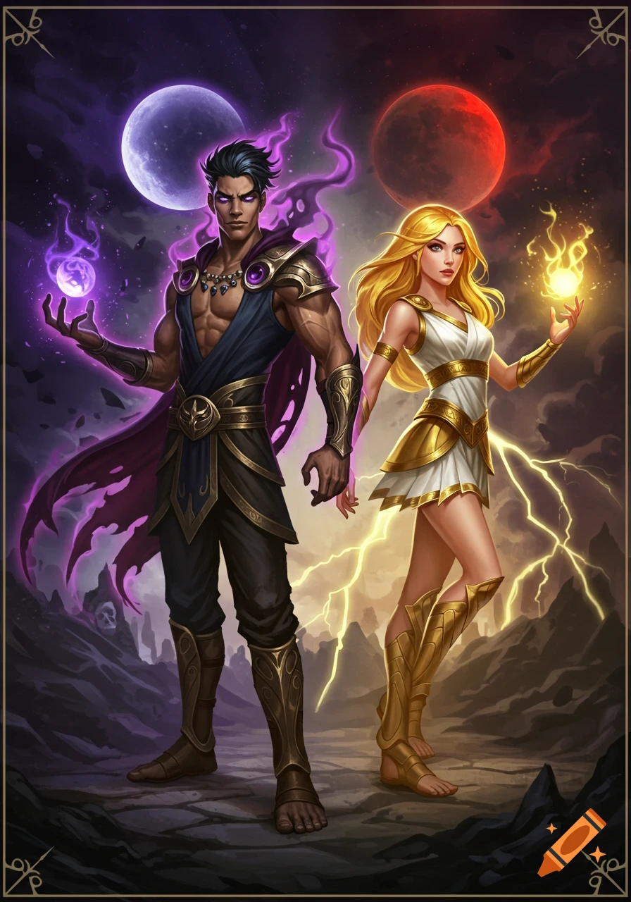 Two fantasy characters, a dark mage with purple magic and moon, and a ...