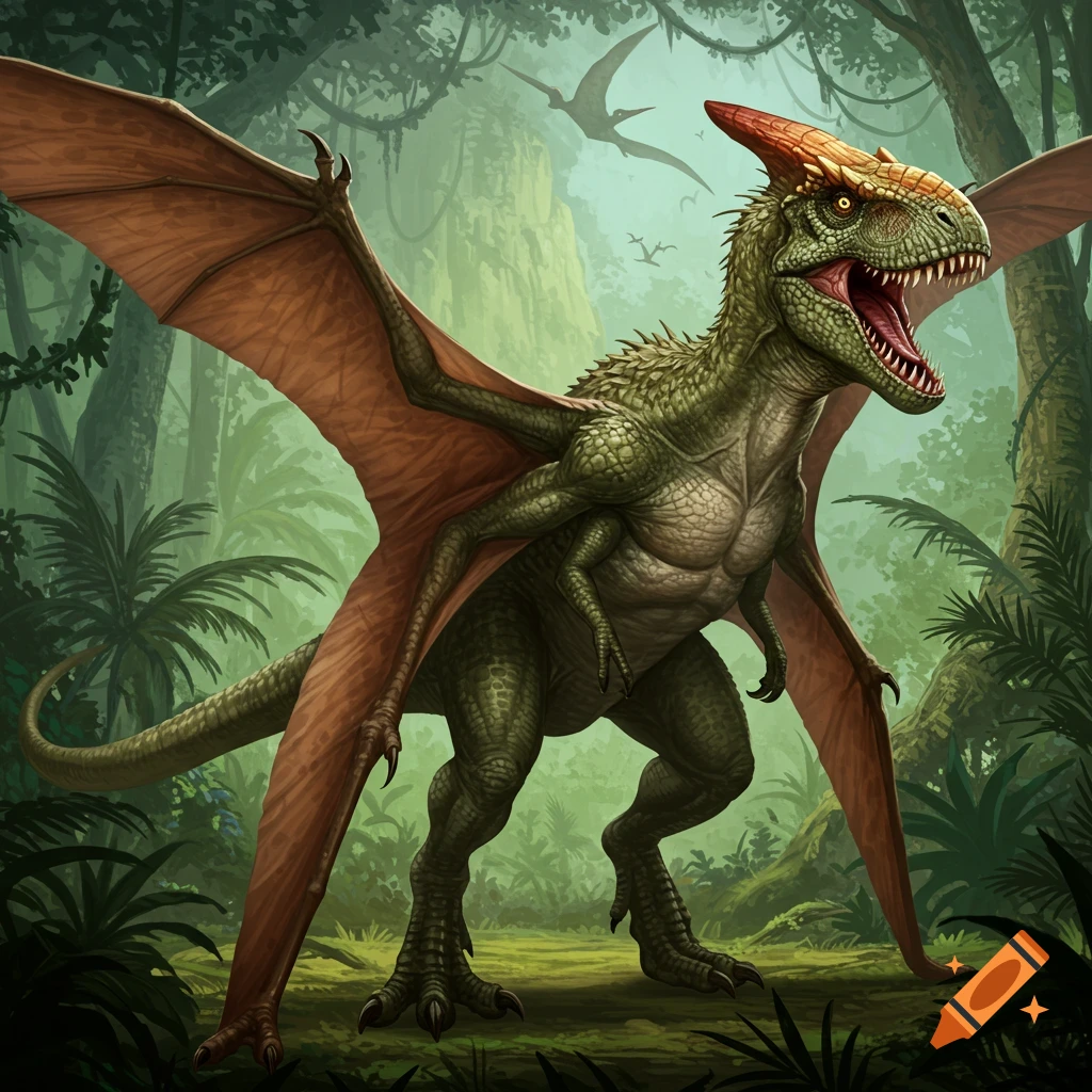A large green creature that is a mix of a T-Rex and a Pterodactyl ...