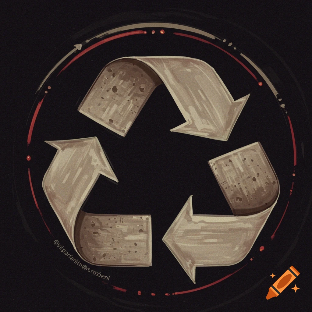 Stylized brown recycling symbol on a dark background with red and white ...
