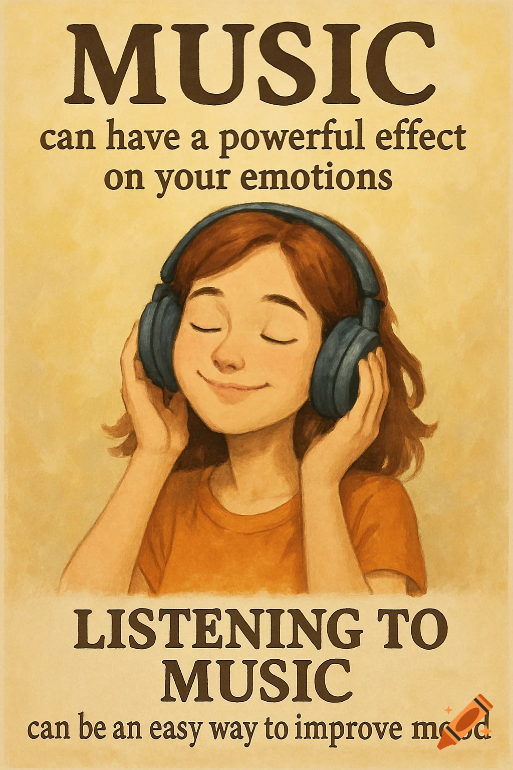 Illustration of a girl happily listening to music with text about music ...