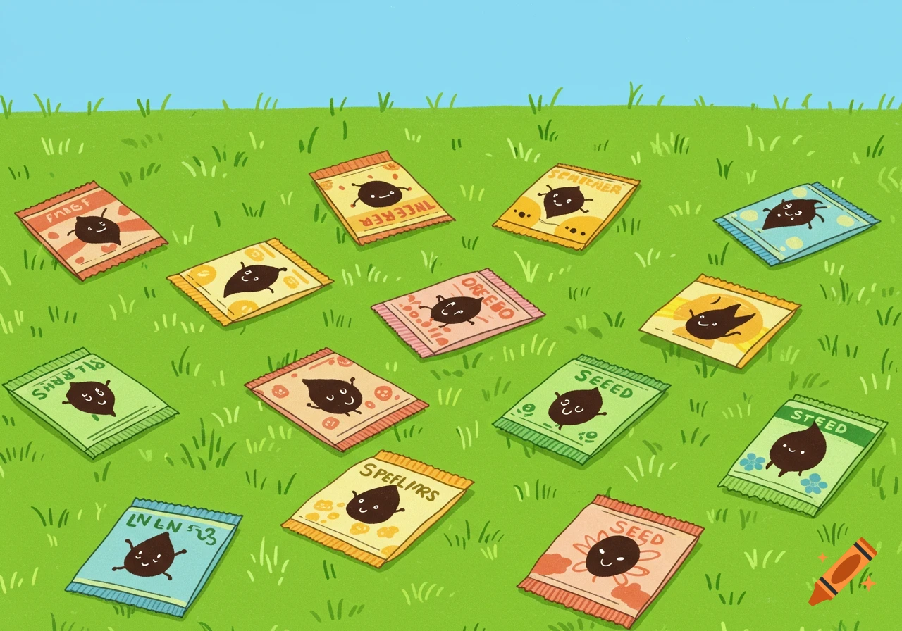 Cartoon seed packets with faces scattered on green grass under a blue ...