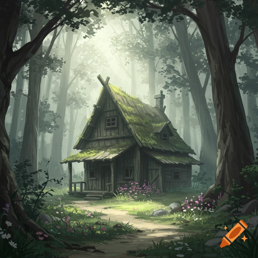 An illustration of a mossy old cabin nestled in a clearing within a ...