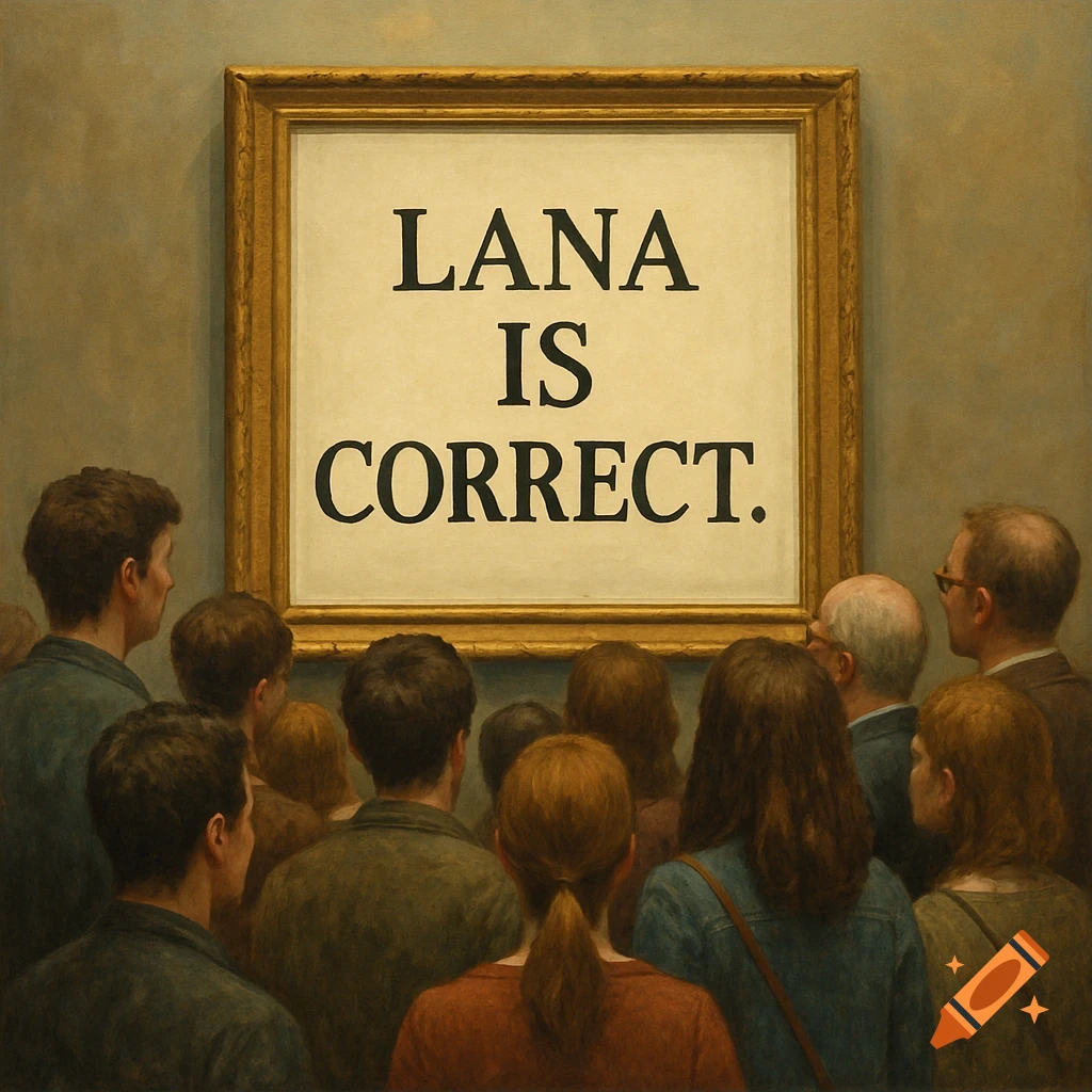 People look at a sign that reads 'Lana is correct' in a museum, painted ...