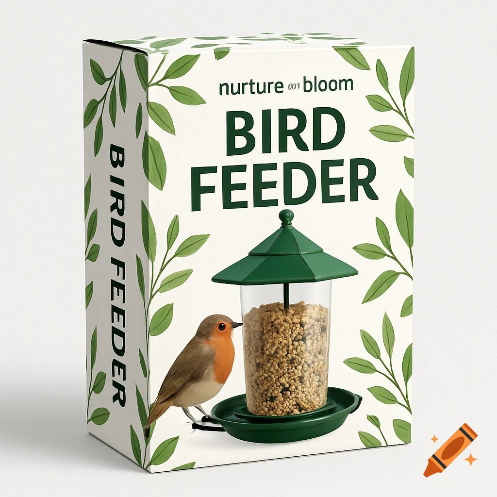 Packaging for a bird feeder box with a robin, green leaves, and text 'nurture bloom BIRD FEEDER ...