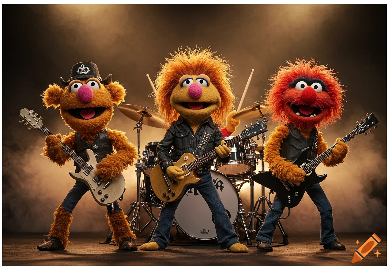 Muppet-like rock band with Fozzie, Animal, and another fuzzy puppet ...