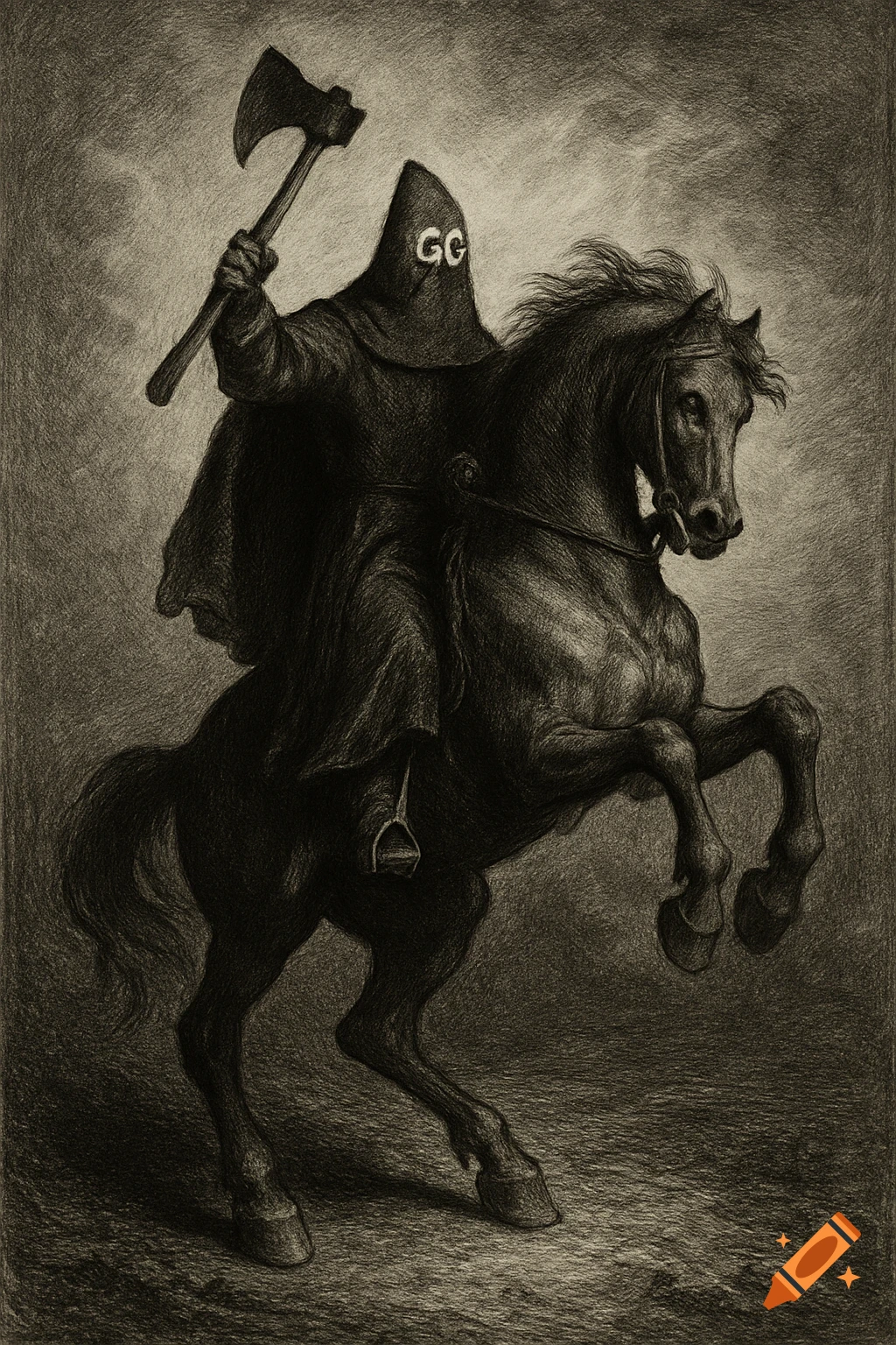 Pencil drawing of a hooded executioner on a rearing horse, holding an ...