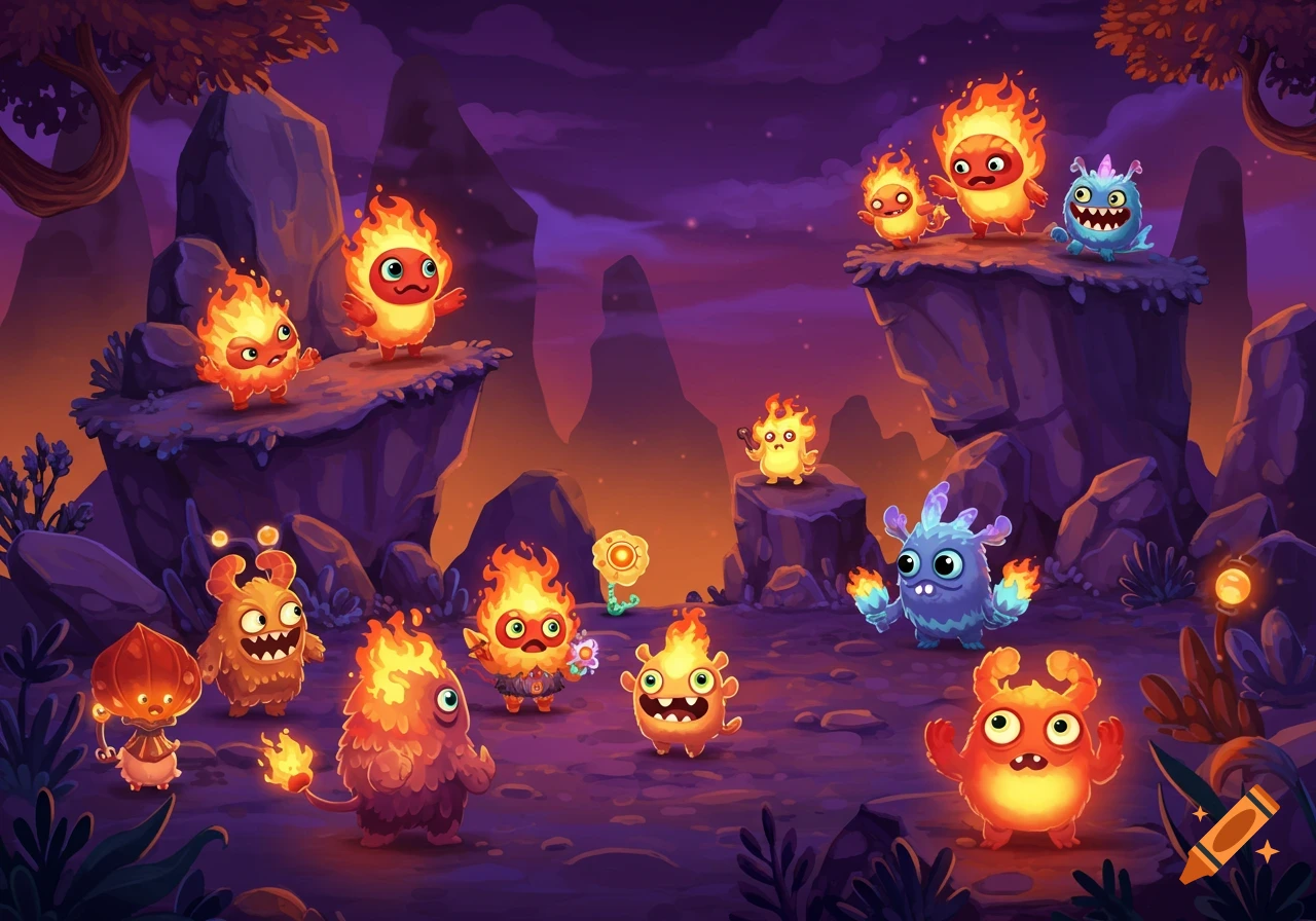 Cartoon fire and blue monsters in a rocky fantasy landscape at night on ...