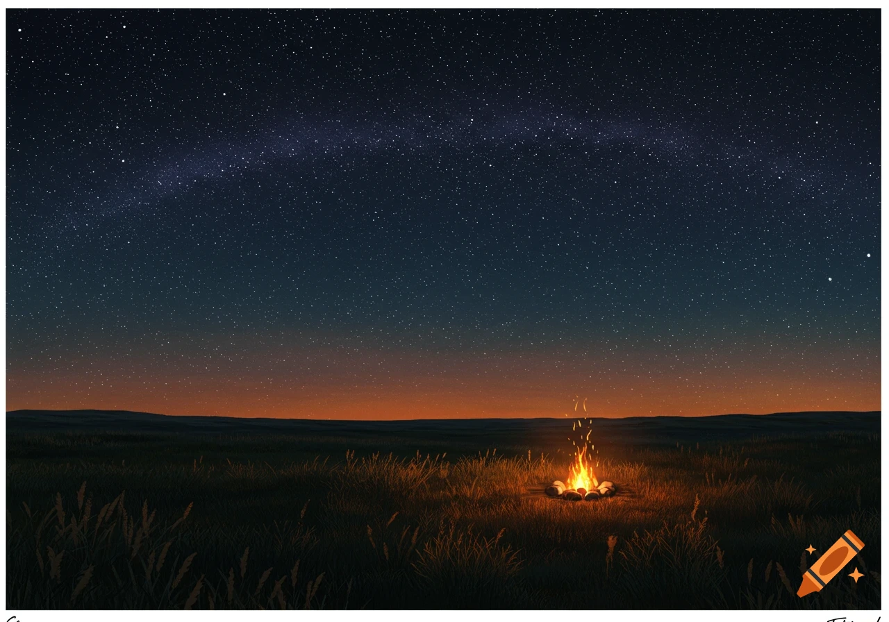 A campfire burns on a prairie under a starry night sky with the Milky ...