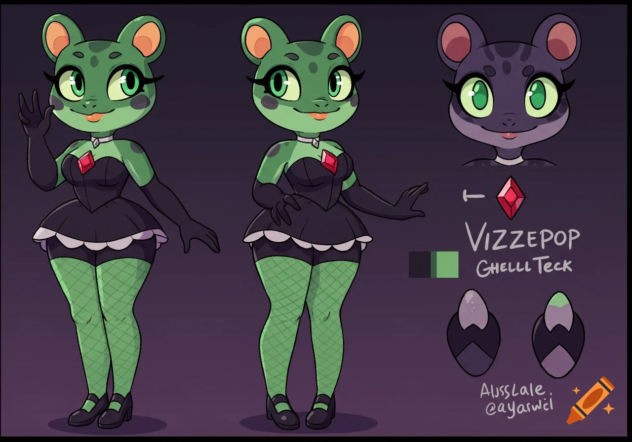 Anthro frog character reference sheet showing a green frog in a black ...