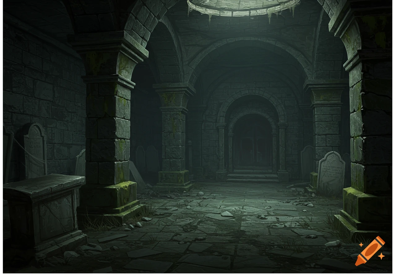 Dark, atmospheric crypt interior with stone pillars, arches, tombstones ...