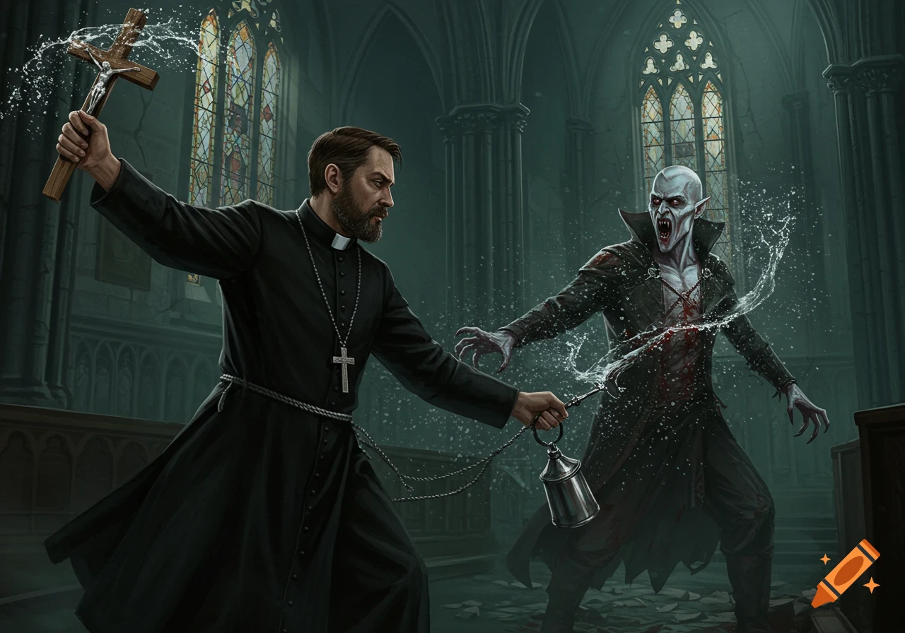 A priest fights a vampire with a cross and holy water in a gothic ...
