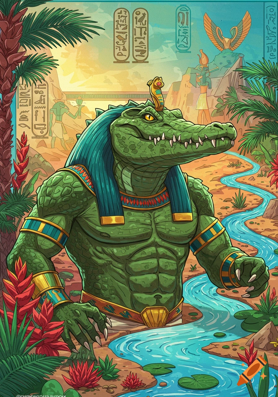 Illustration of Sobek, the Egyptian crocodile god, in an ancient ...