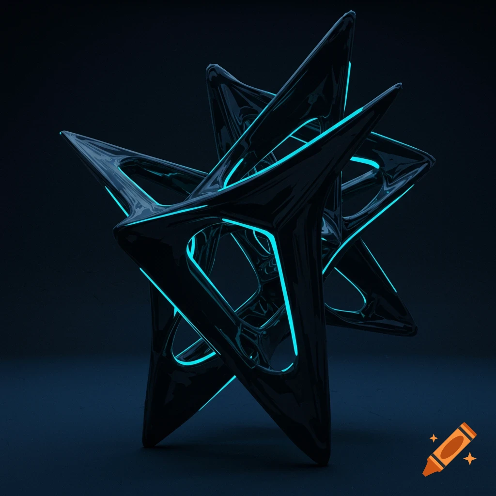 Glossy dark abstract sculpture with glowing cyan lines on a dark ...