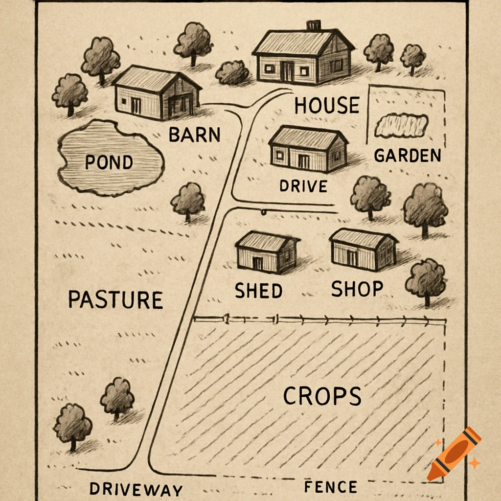 Hand-drawn map of a farm layout showing house, barn, pond, fields, and ...