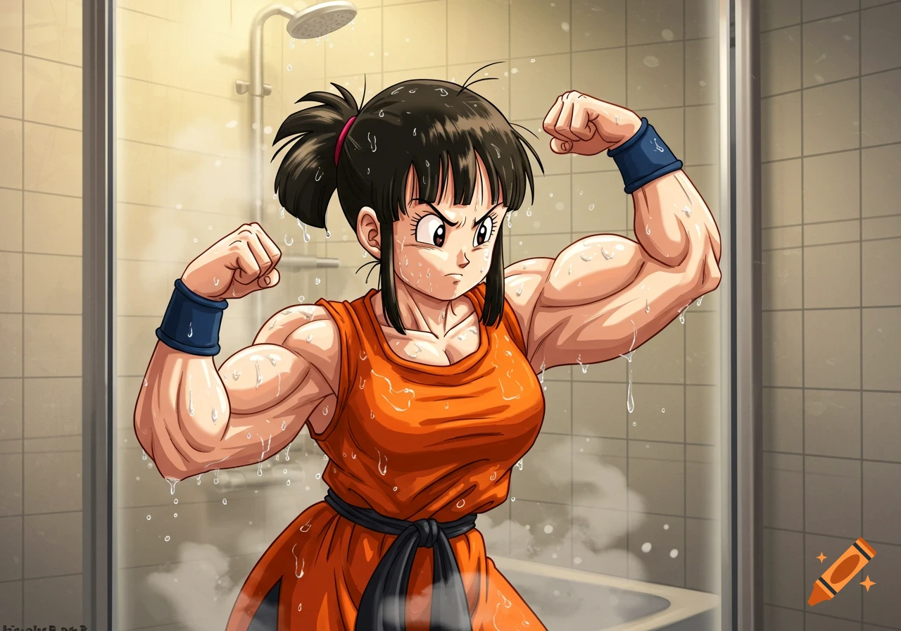 Anime character Chi Chi flexing muscles in a shower on Craiyon