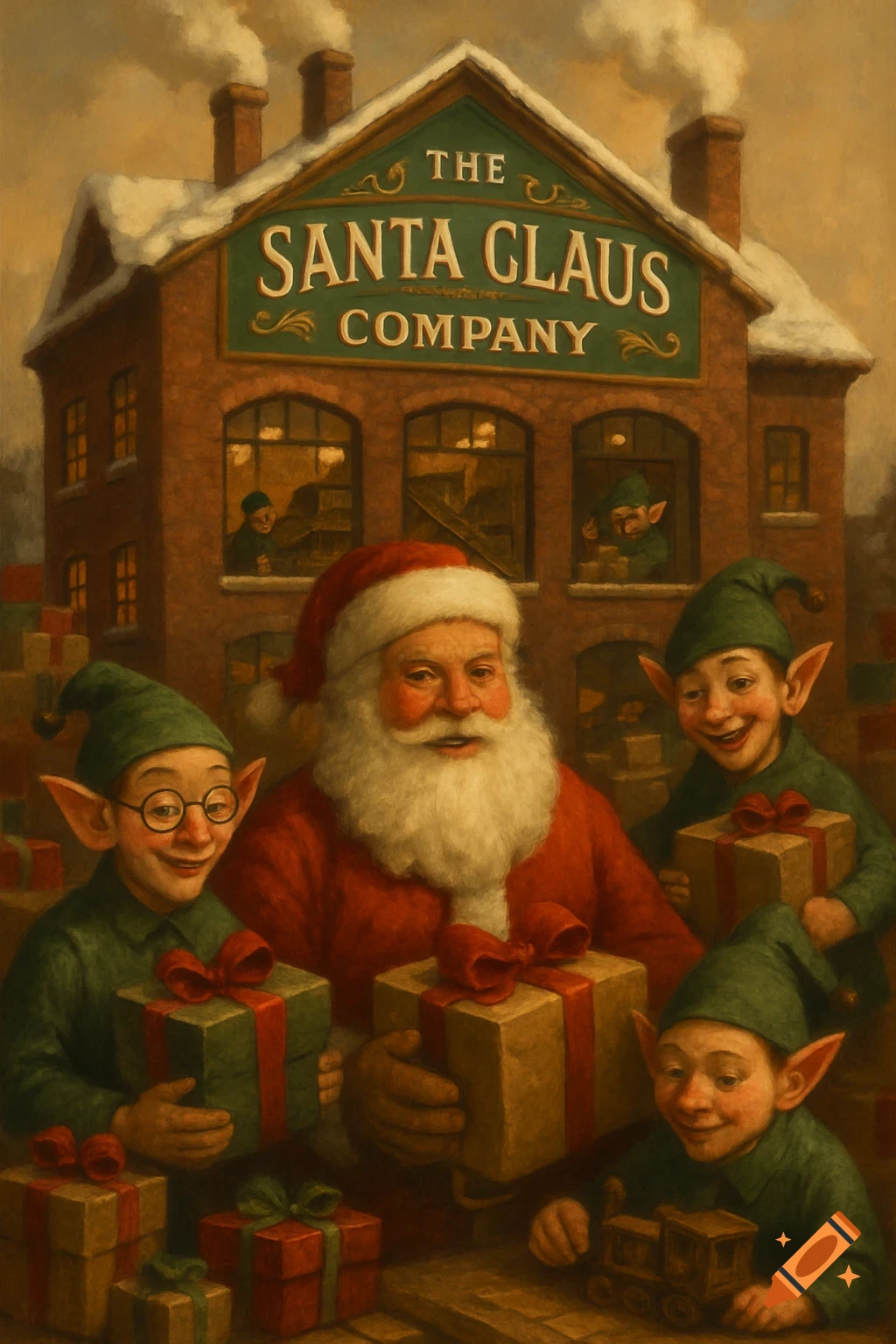 Santa and elves stand outside The Santa Claus Company factory with ...