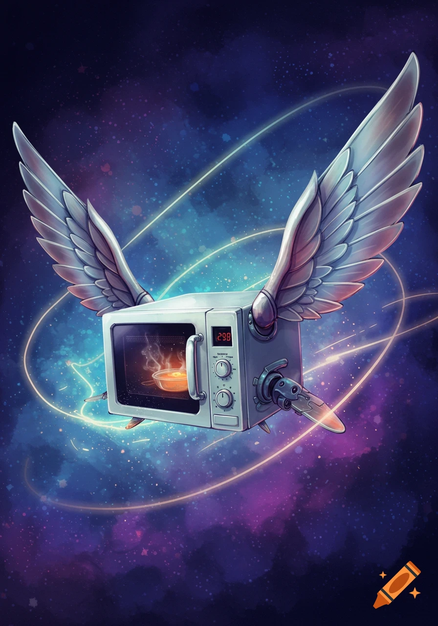 A white microwave oven with metallic wings flies through cosmic space ...