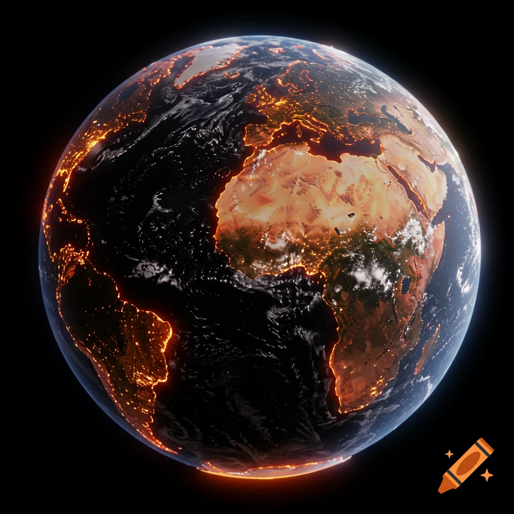 A glowing, heated view of Earth from space, showing continents lit up ...