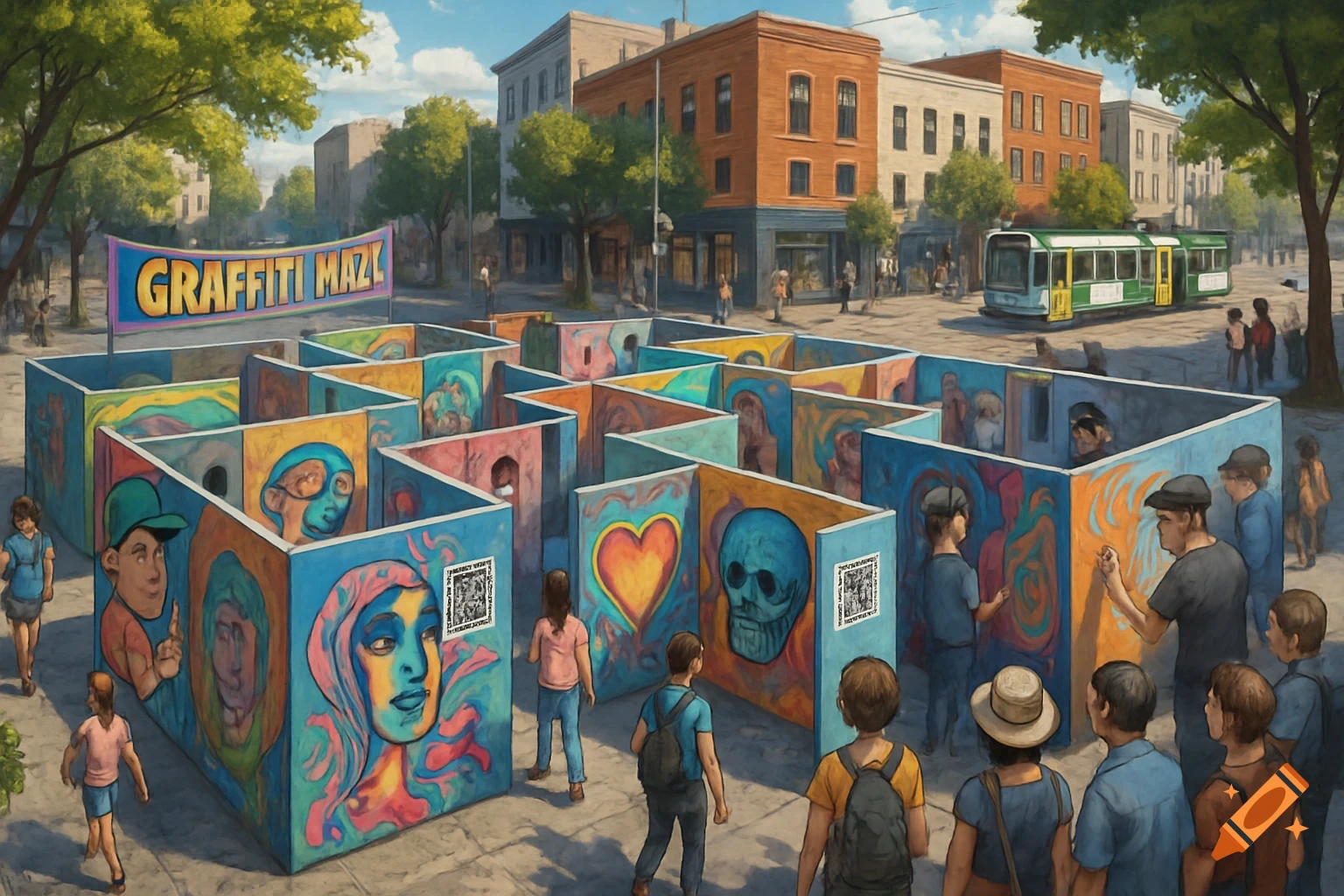 An outdoor graffiti maze installation in a city square with people ...