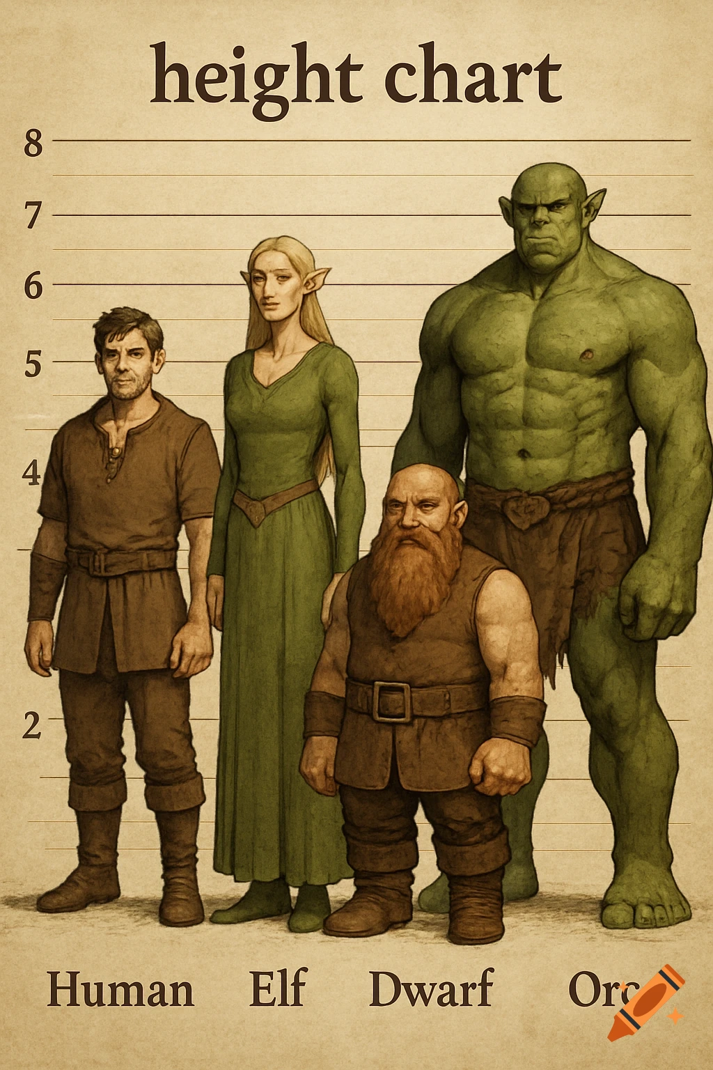 Illustration of a height chart with a human, elf, dwarf, and orc ...