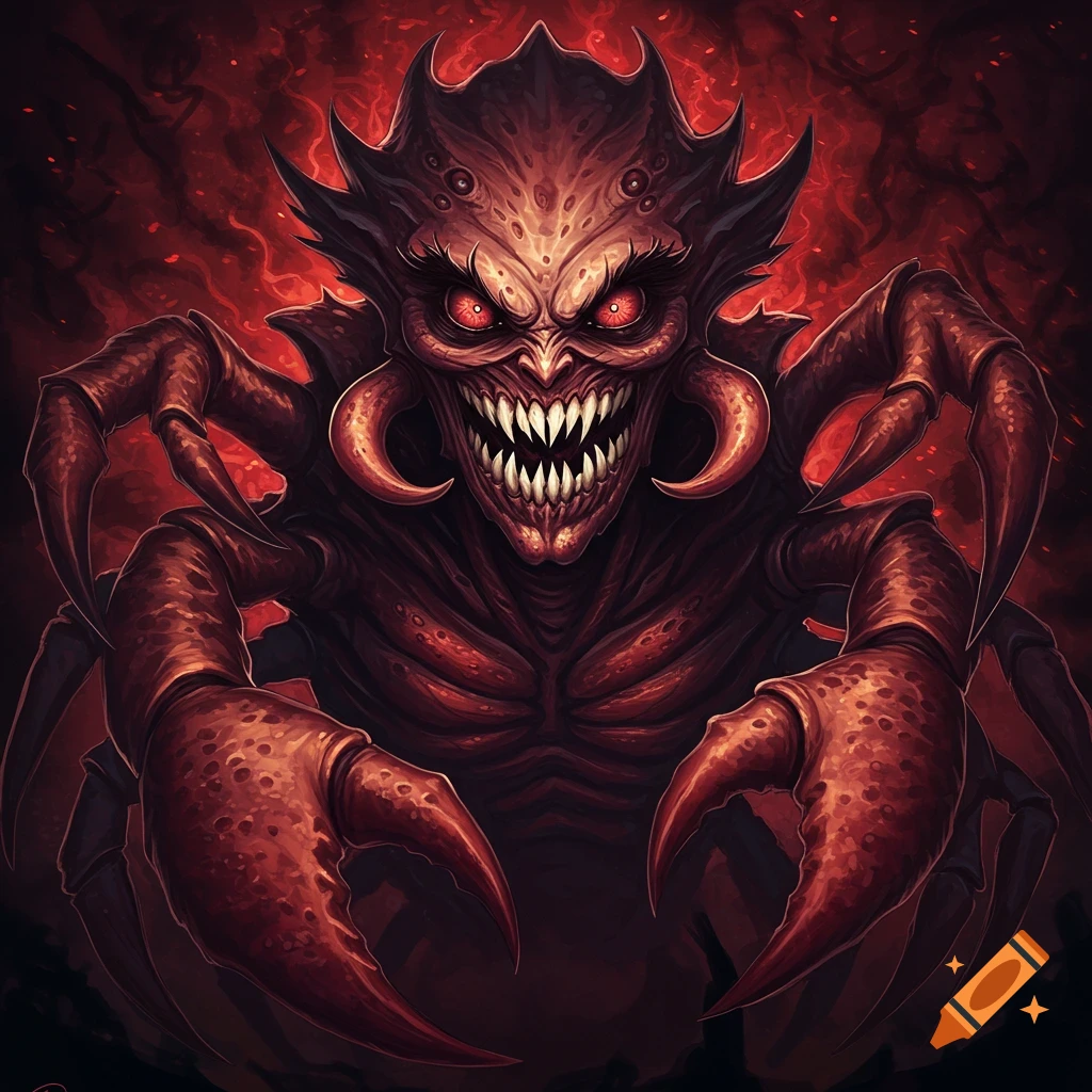 A close-up portrait of a monstrous red crab creature with glowing eyes and sharp teeth. on Craiyon