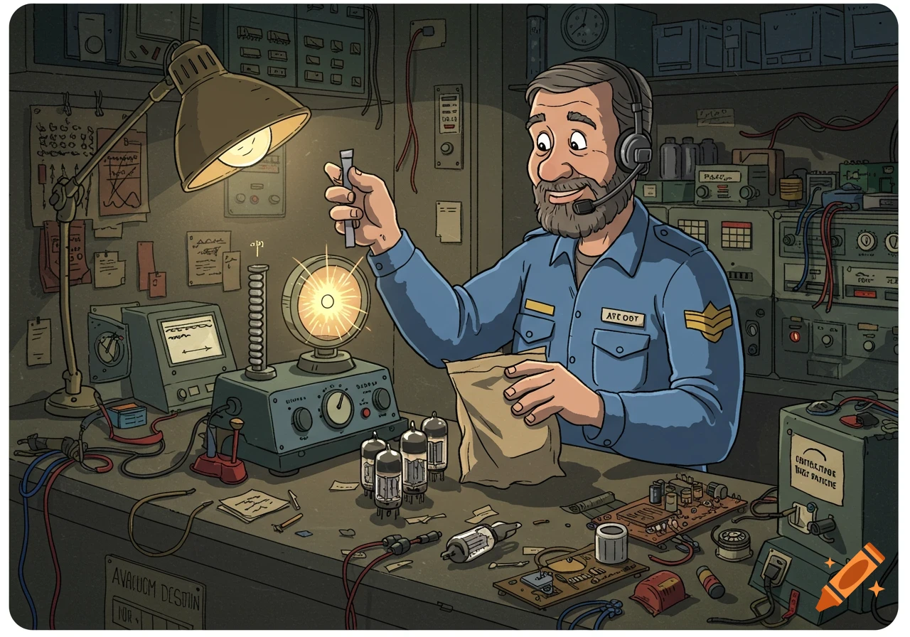 Cartoon of a man in a workshop checking vacuum tubes with electronic ...