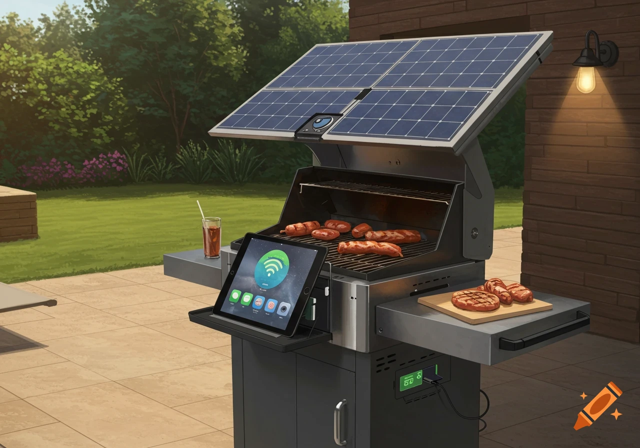 Futuristic grill with solar panels and tablet cooking food on a patio ...