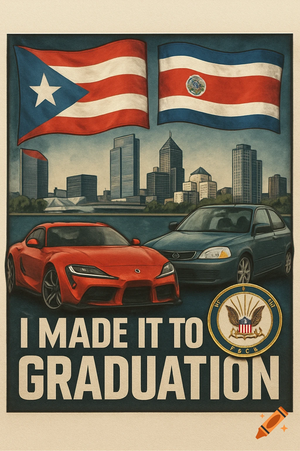 Puerto Rican and Costa Rican flags over Milwaukee skyline with red ...