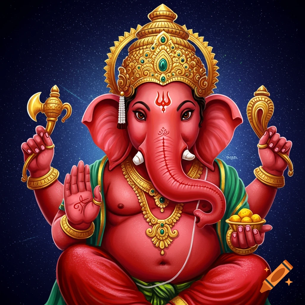 Illustration of a red Ganesha sitting, holding an axe and a ladoo bowl ...