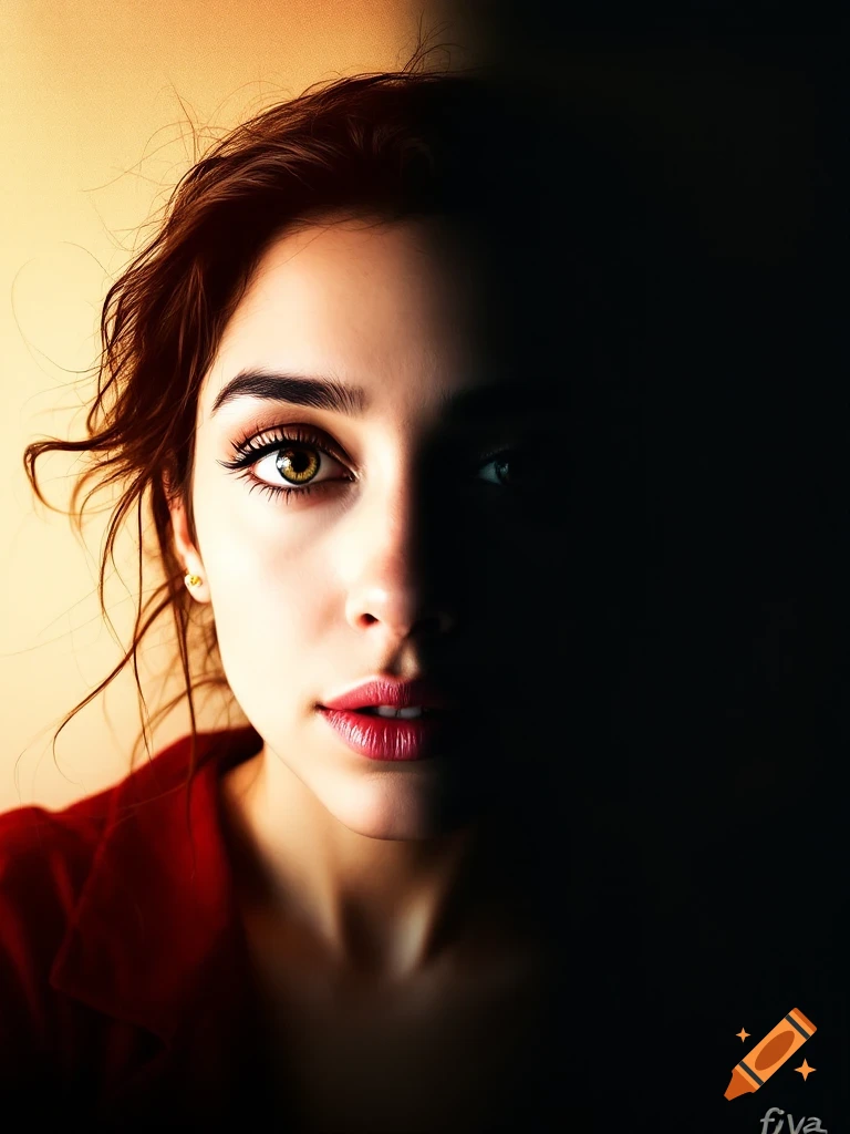 Close-up portrait of a woman's face, half in shadow with dramatic lighting. on Craiyon