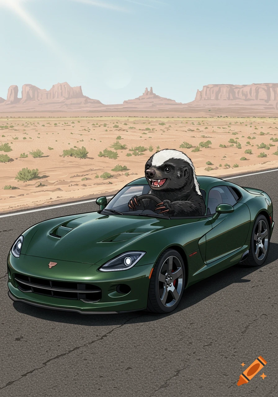 Illustration of a honey badger driving a green sports car through a ...
