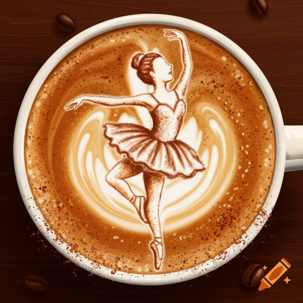 Detailed ballerina art made from latte foam in a white coffee cup, with coffee beans scattered ...