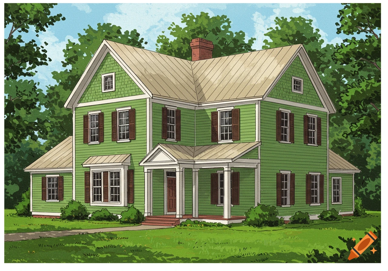 Illustration of a green Colonial house with a beige metal roof. on Craiyon