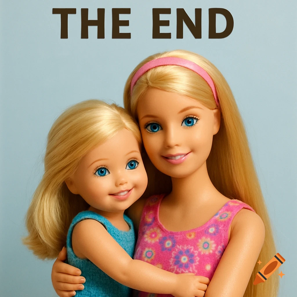 Photograph of two Barbie dolls, adult and child, side-hugging. Text ...