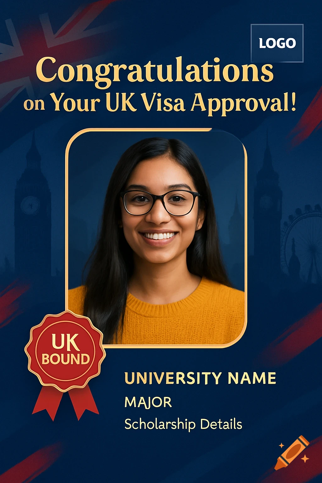 Social media post congratulating a student on UK visa approval ...