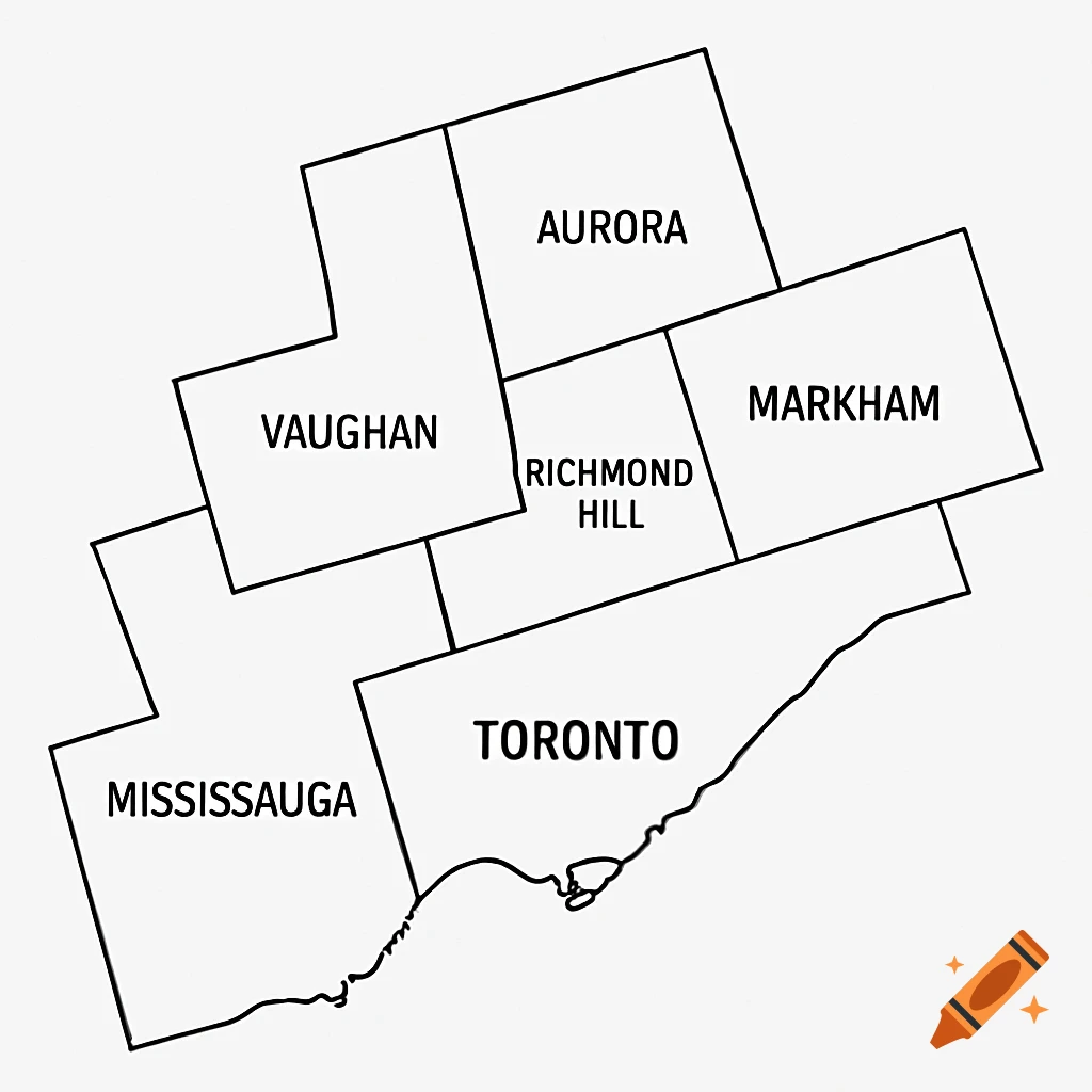 Black and white line map showing city boundaries in the Greater Toronto ...