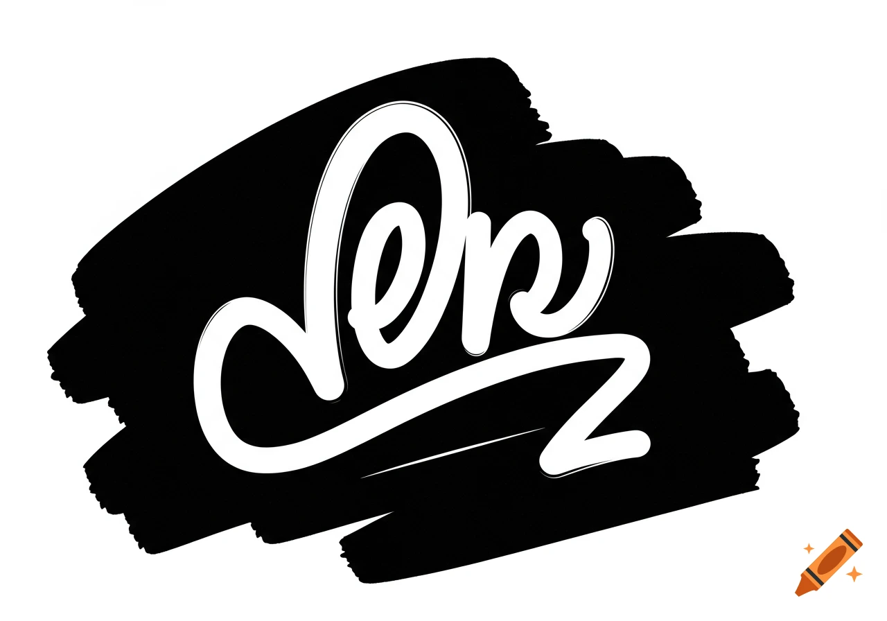 Black and white graphic with white script lettering 'den' on a black ...