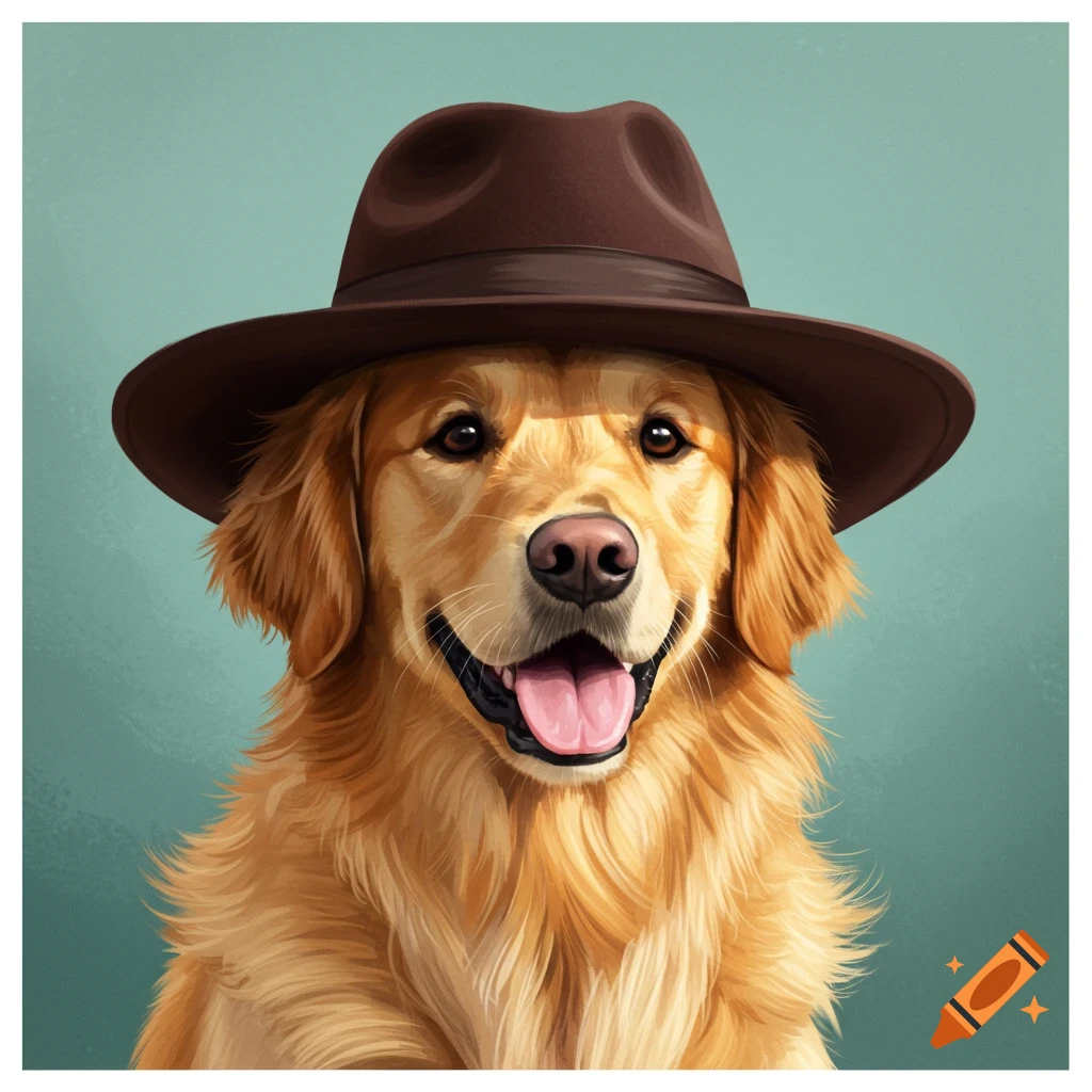 Close-up of a Golden Retriever dog wearing a fedora hat on Craiyon
